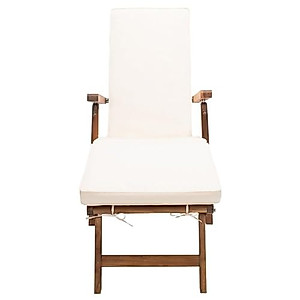 SAFAVIEH Outdoor Collection Palmdale Natural Brown Solid Wood/Beige Cushion Chaise Lounge Chair (PAT7015C)