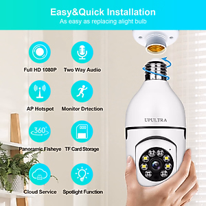Light Bulb 1080P Security Wireless Camera Wifi Smart for home surveillance Screw into the E27 light bulb socket Spotlight Alarm Color night vision Two-way talk Motion Alarm PTZ 360 Degree(2packs）
