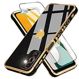 for Samsung Galaxy A13 5G Case with HD Screen Protector with Full Camera Protection, Atump Love Heart Plating Girly Women Cute Soft TPU Luxury Elegant Case for Galaxy A13 5G Case, Black