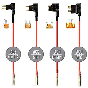 15ft Micro USB & Mini USB Dash Cam &Type-C Hardwire Kit w. Mini(ACS)/LP Mini(ACN)/ATO(ATC or ACU)/Micro2(ACZ) Fuse, Micro to Mini/USB-C Port Adapters & 11.9V Real Battery Drain Protection