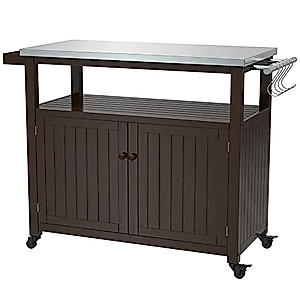 GDLF Outdoor Storage Cabinet Solid Wood Prep Grill Table with Stainless Steel Top Waterproof Cover Dark Brown