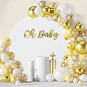 Bxsif White Backdrop Round Cover - 7.2x7.2FT White Round Backdrop with 2PCS Clips Oh Baby Happy Birthday Stickers Photography Background for Wedding Baby Birthday Party Decoration.