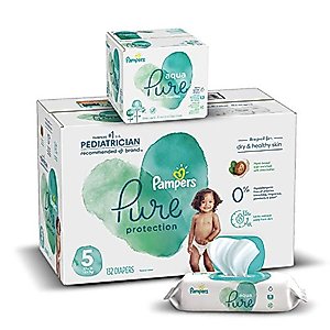 Diapers Size 5, 132 Count and Baby Wipes - Pampers Pure Protection Diapers and Aqua Pure 6X Pop-Top Sensitive Water Baby Wipes, 336 Count (Packaging May Vary)