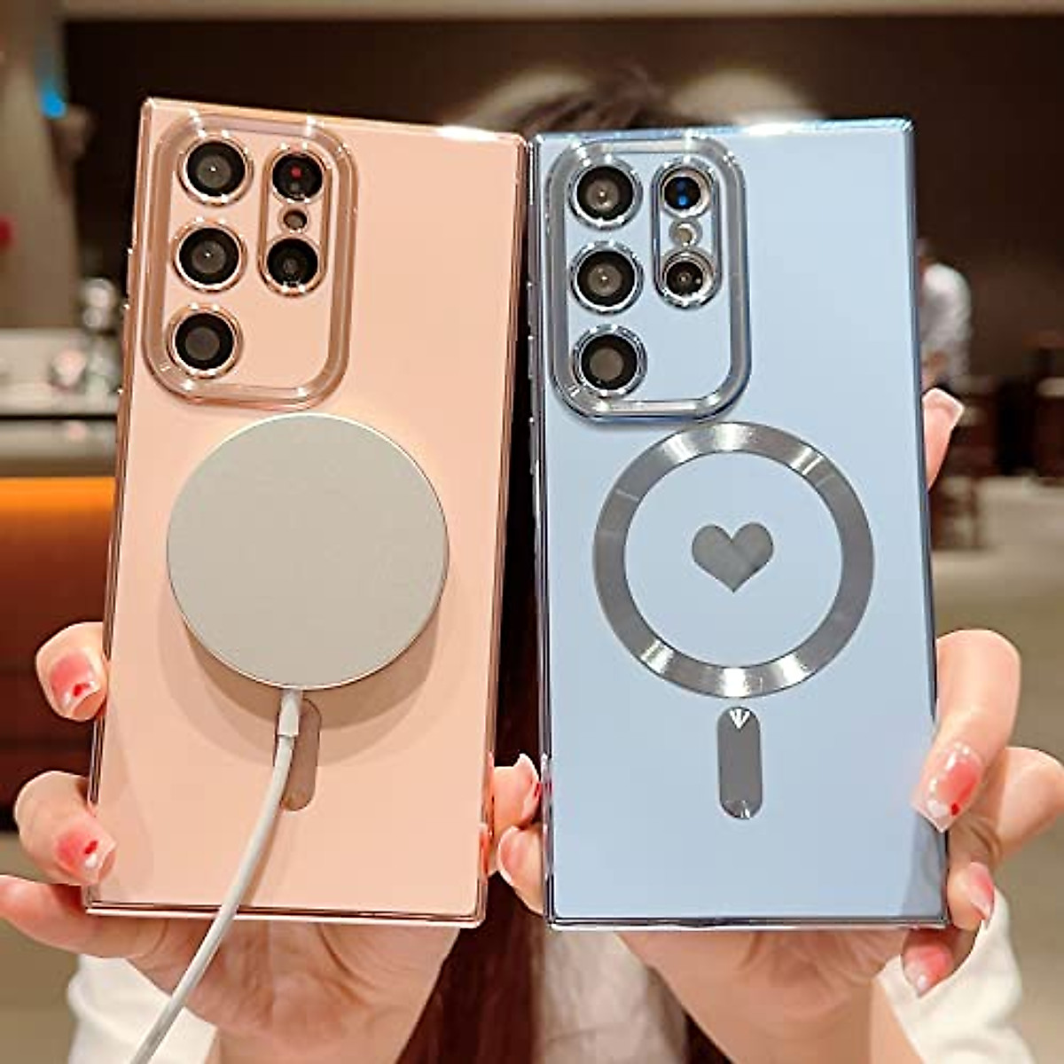 VANIPUFF Magnetic Phone Case for Samsung Galaxy S22 Ultra 5g [Compatible with MagSafe] Luxury Plating Cute Heart Pattern Soft Silicone Protective Shockproof Cover for Galaxy S22 Ultra 6.8” (Pink)