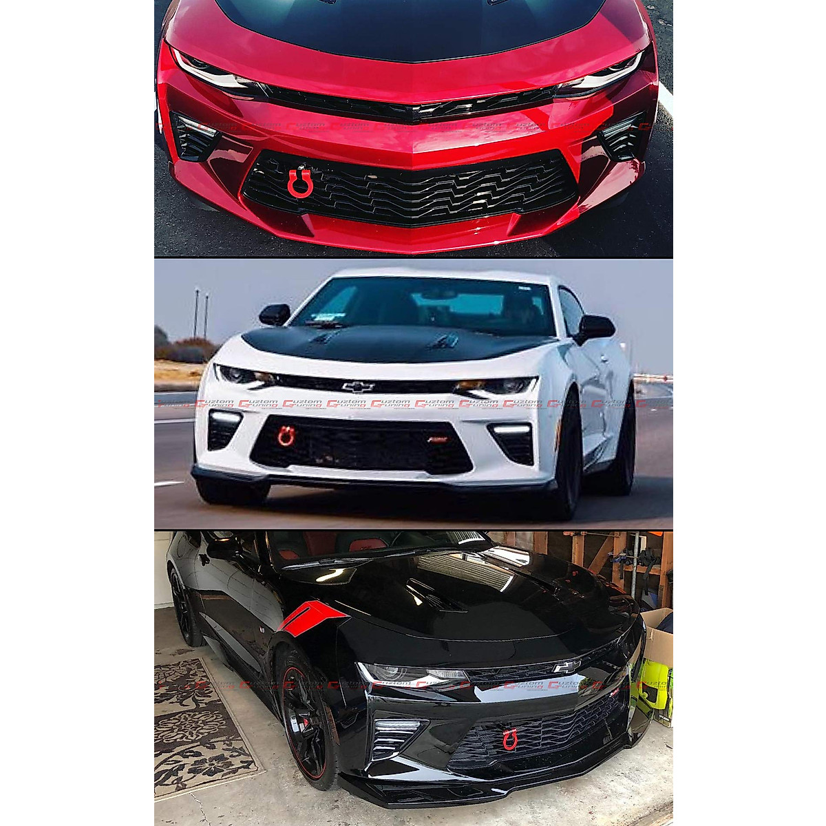 Cuztom Tuning Black Red Bumper Folding Ring Screw on Type Tow Hook Compatible with 2016-2020 Chevy Camaro LS LT SS ZL1