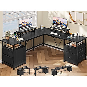 UPOSOJA 67in L Shaped Computer Desk with Power Outlets, 90.5in Long Home Office Desks with 2 Monitor Stands, 2PC Small Corner Table, Storage Cabinet Rack Drawers(Black)