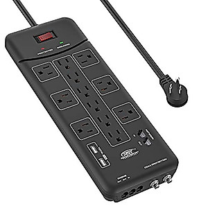 CRST 12-Outlet Surge Protector Power Strip 4050Joules, with USB(3.1A) Ethernet, Cable,Telephone and TV Coaxial Protection, Flat Plug 9-FT Long Cord (Black)