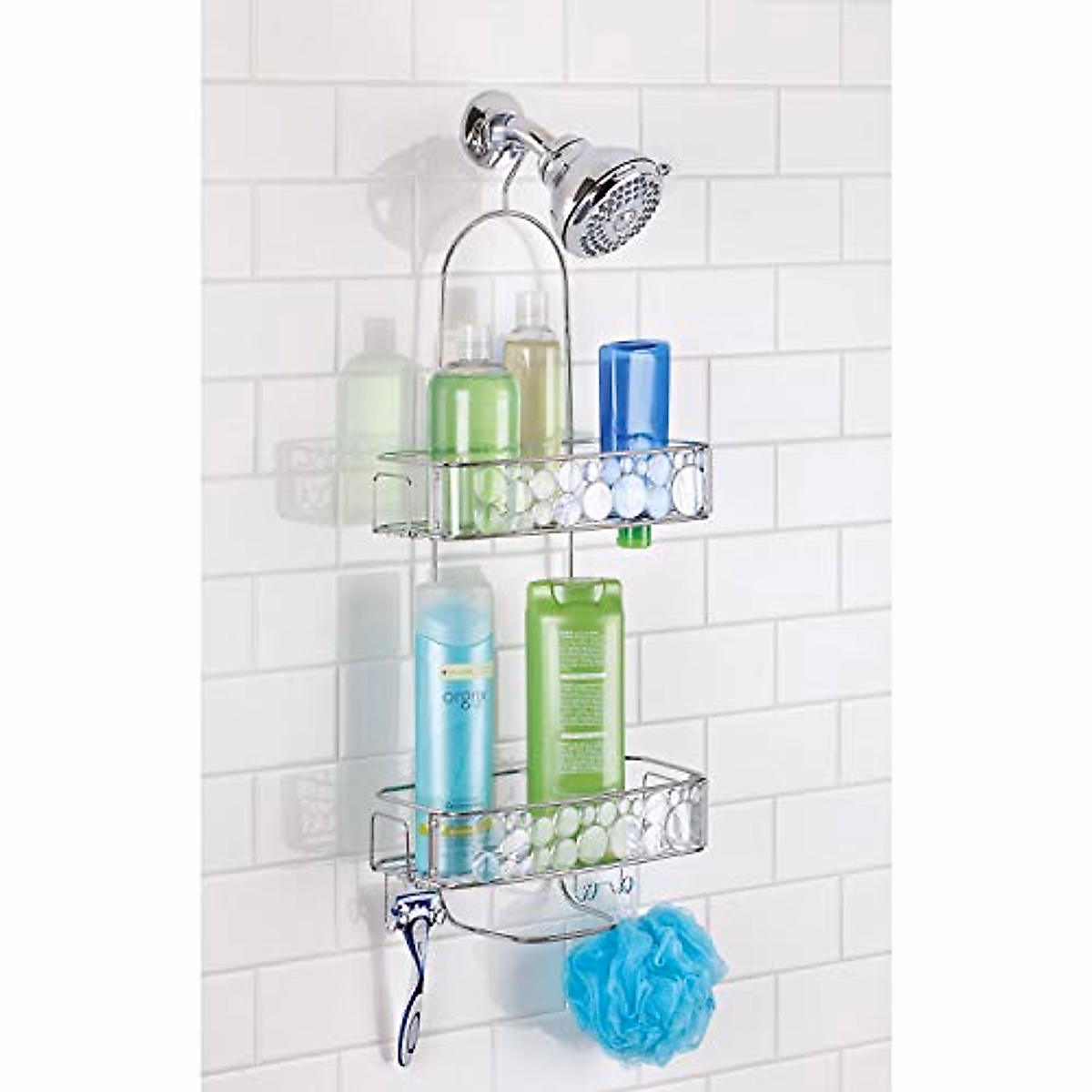 iDesign Bubbli Metal Extra-Large Hanging Shower Caddy for Tall Shampoo, Conditioner, and Soap with Hooks for Razors, Towels, Loofahs, Silver