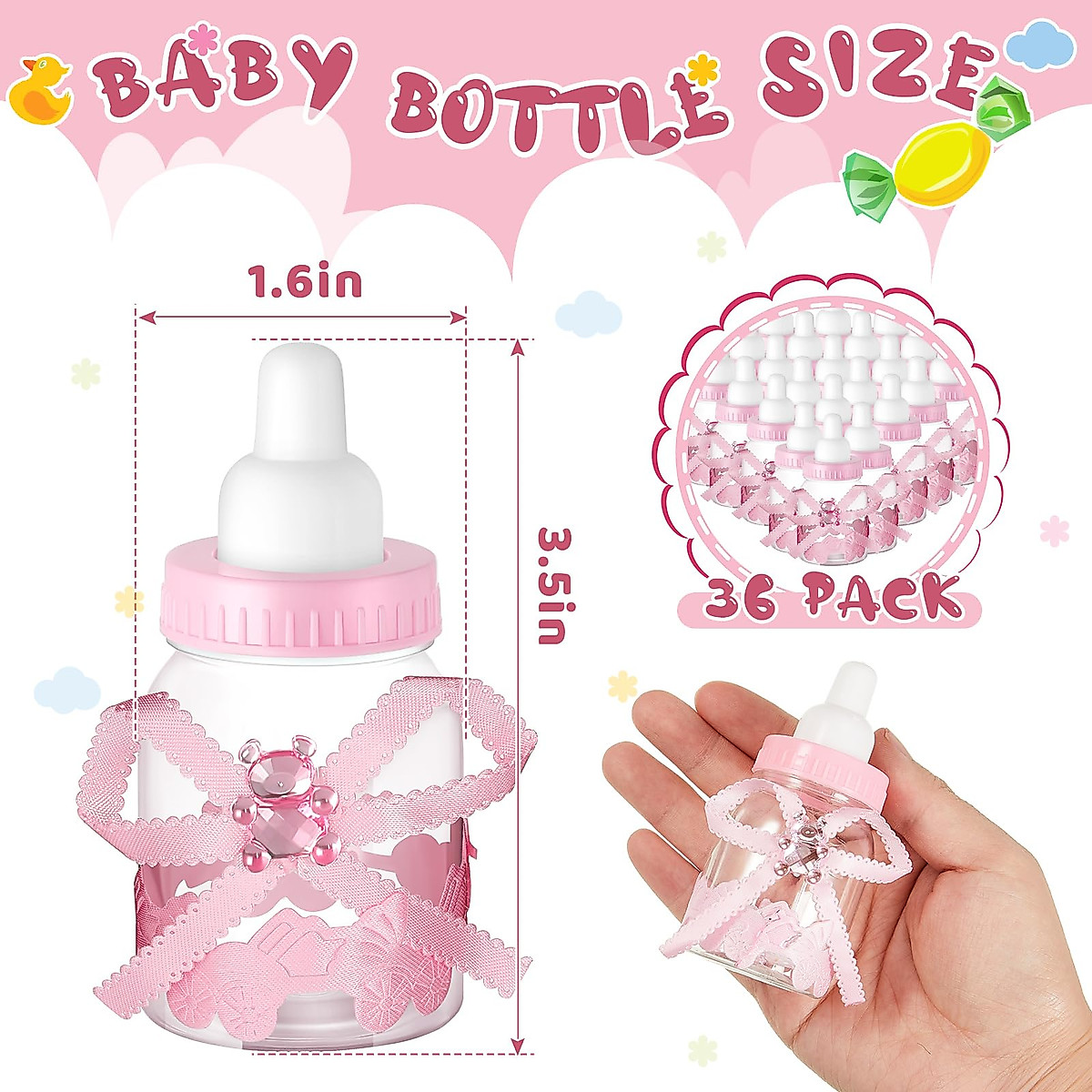 Nuenen 36 Pcs Baby Shower Bottles Baby Shower Mini Milk Bottle Plastic Bear Mini Baby Bottles for Baby Shower Candy Bottles with Ribbon for Baby Shower Favor Gift (Pink)