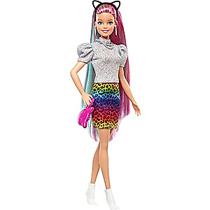 Barbie Doll Leopard Rainbow Hair with Color-Change Highlights & 16 Styling Accessories Including Clothes, Scrunchies, Brush & More