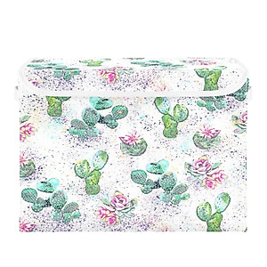 BOESI Cactus with Flowers Foldable Storage Baskets Fabric Boxes with Handle Organizers with Flip-Top Lids Storage Bins for Home Bedroom Office