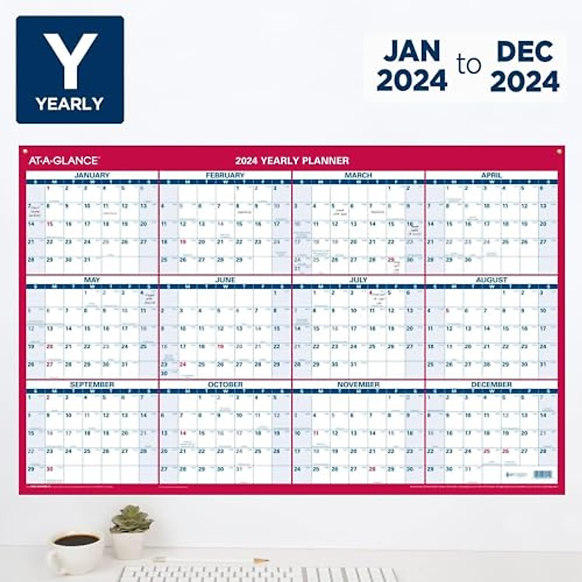 2024 Erasable Calendar, Dry Erase Wall Planner, 36" x 24", Large, Vertical/Horizontal, Reversible