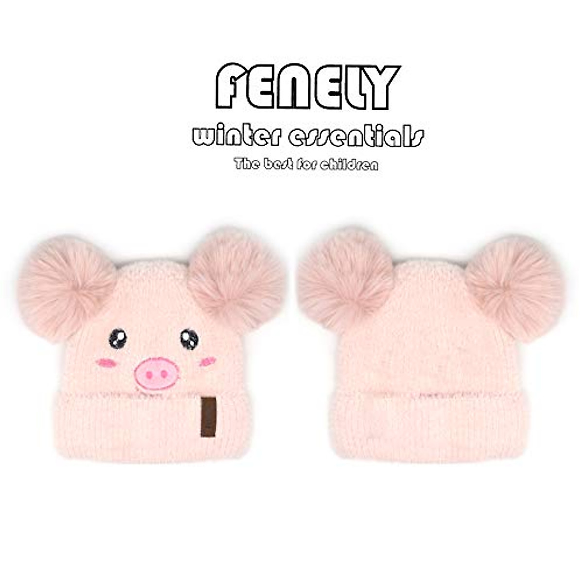 Kids Winter Beanie Knitted Hats for Girls Boys Toddler Baby, Pig Cartoon Animal Faux Fur Double Pom Pom Bobble Warm Soft Fleece Cute Infant Stocking Cap For Children