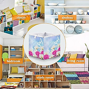 visesunny Closet Baskets Butterfly Rose Daisy Storage Bins Fabric Baskets for Organizing Shelves Foldable Storage Cube Bins for Clothes, Toys, Baby Toiletry, Office Supply