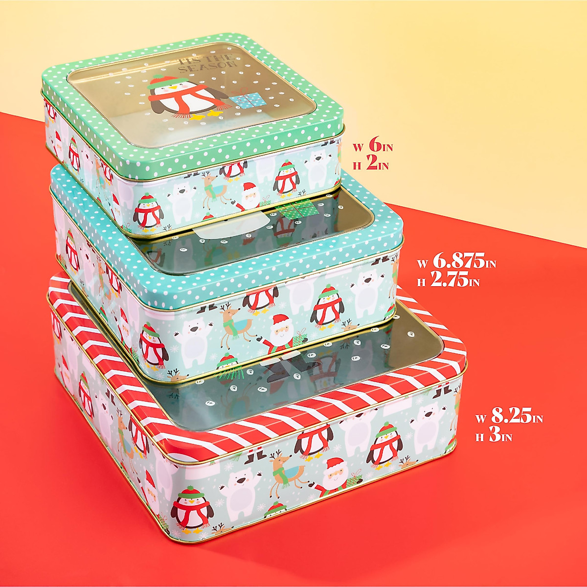 3 Christmas Cookie Tins- Christmas Cookie Tins with Lids for Gift Giving, Christmas Tins Holiday Cookie Boxes, Christmas Tins for Cookies and Gifts- 3 Nested Metal Cookie Tins (Christmas Cookie Tin)