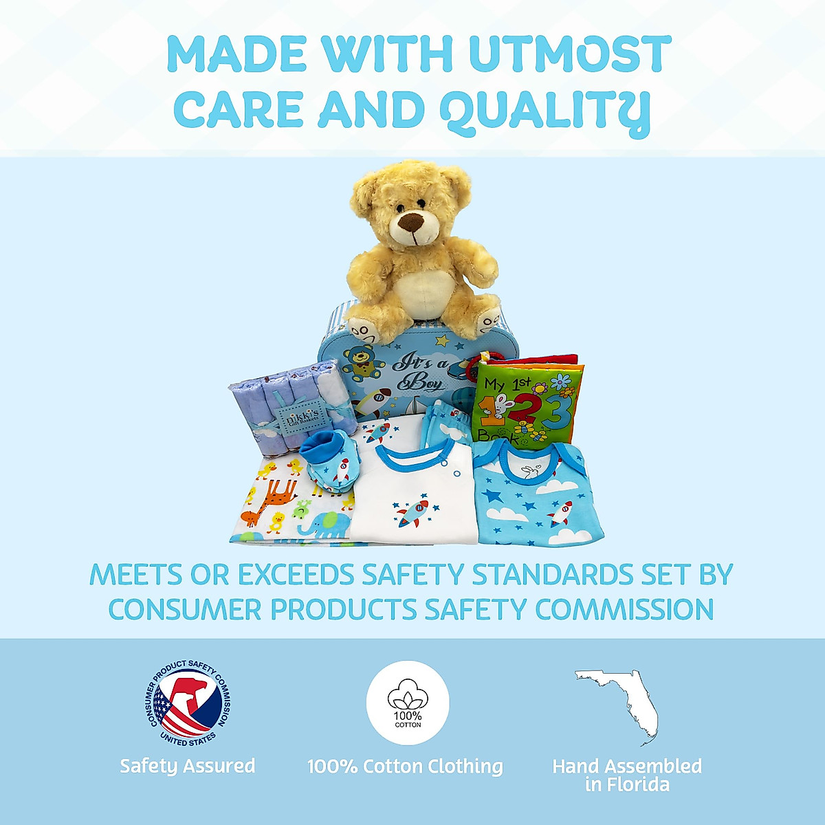 Welcome to The World Baby Boy Suitcase, Baby Layette Set and New Baby Essentials in A Keepsake Suitcase Box, Blue, Medium Baby Boy Gift Set - Nikki’s Gift Baskets