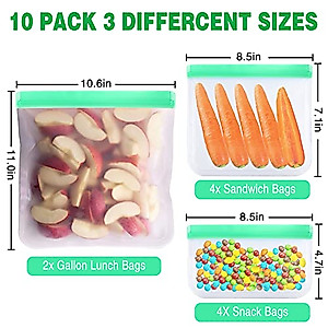 10 Pack Reusable Storage Bags, Reusable Sandwich Bags, Reusable Snack Bags, Leakproof Silicone Freezer Bags, Free Plastic BPA Free Lunch Bag for Meat Fruit Veggies (10 Pack-2 Gallon 4 Sandwich 4 Snack)