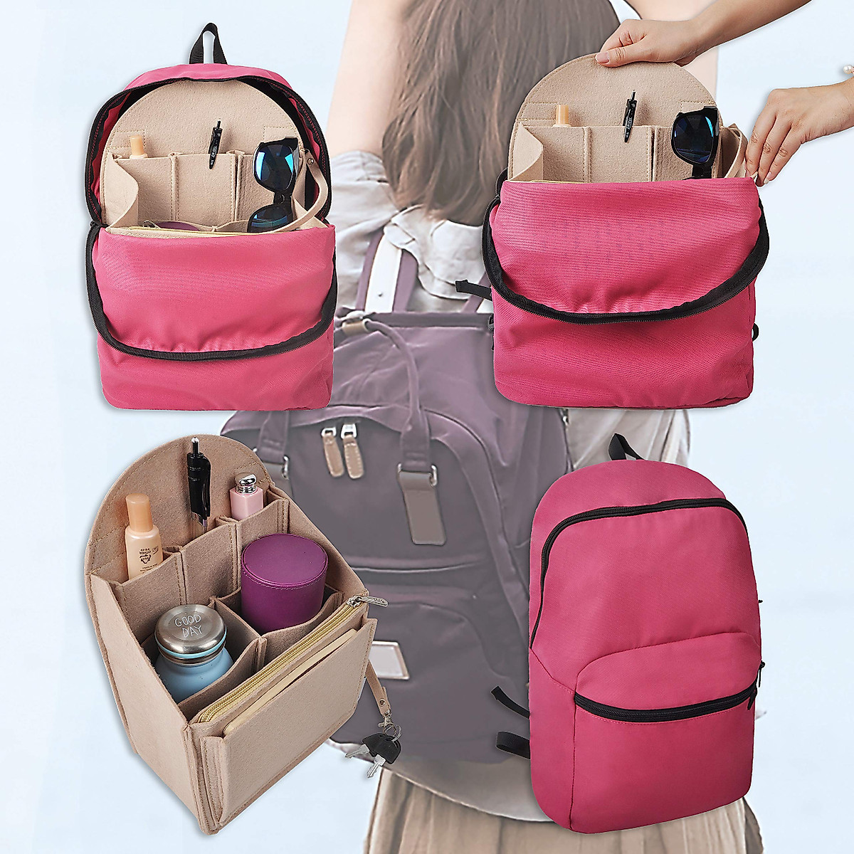 Vercord Felt Backpack Organizer Rucksack Insert Liner Inside Daypack Shoulder Bag Beige Small