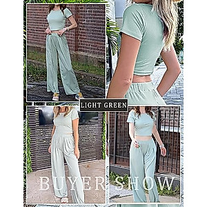 Ekouaer Lounge Sets Womens Pajama Set Short Sleeve Crop Top Loose Wide Leg Pants Casual Loungewear Set,Light Green,L