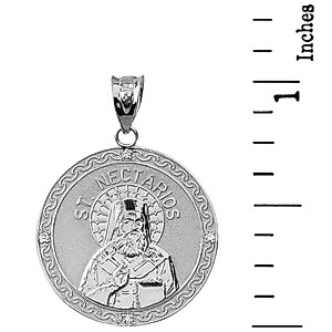 Sterling Silver Saint Nectarios of Aegina CZ Round Medal Protection Charm Pendant (1")