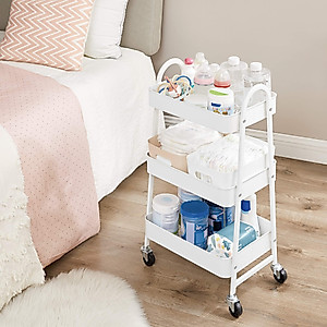 SONGMICS 3-Tier Rolling Cart, Metal Storage Cart, Kitchen Storage Trolley with 2 Brakes and Handles, Utility Cart, Easy Assembly, for Painting Utensils Bedroom Laundry Room, White UBSC068W01