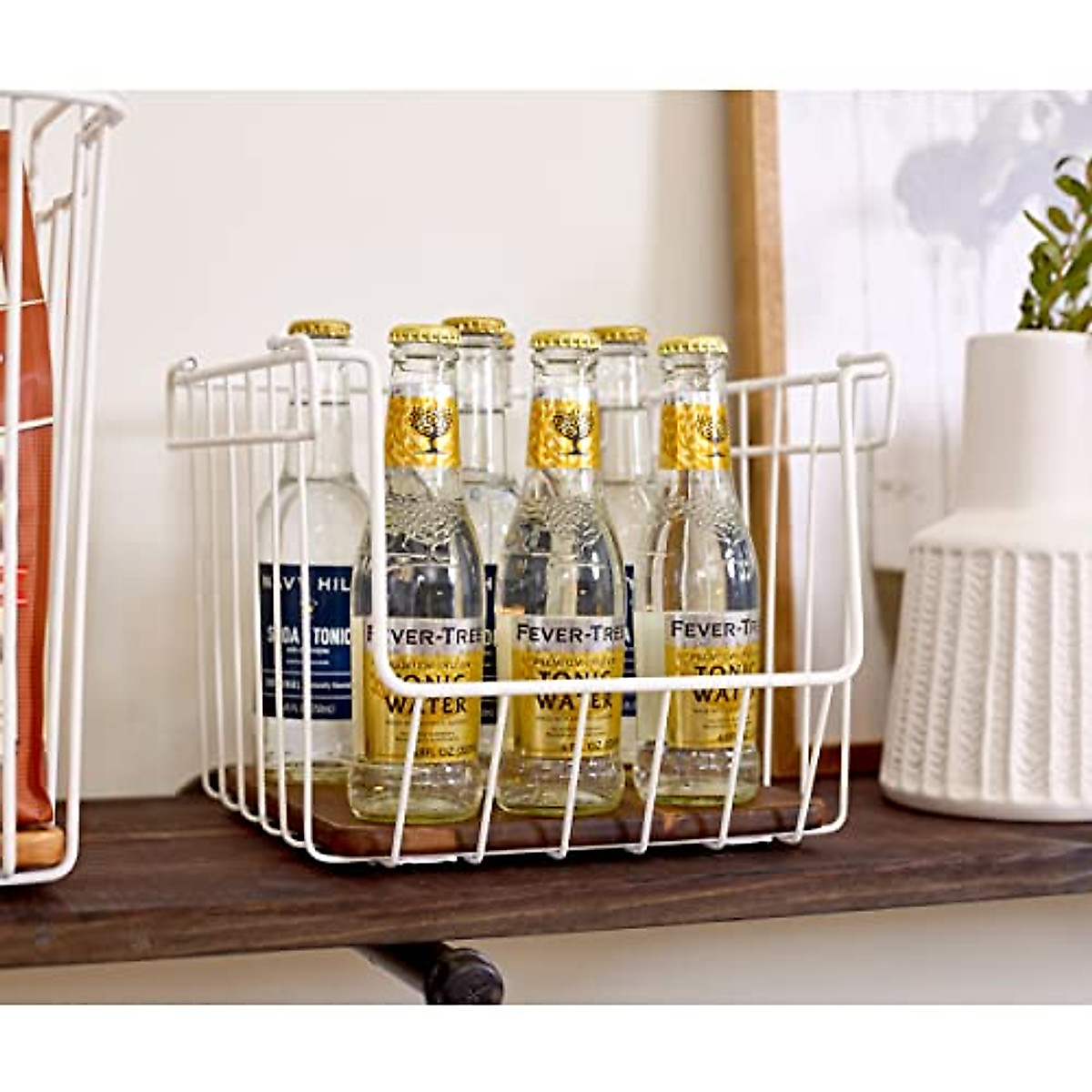 iDesign The Ría Safford Collection Open Front Wire Basket with Acacia Wood, 10" x 10" x 8"