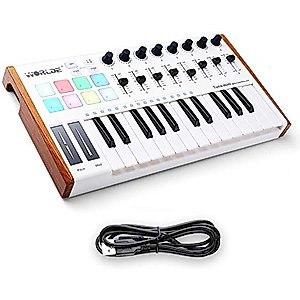 HX Worlde 25 Key USB Portable Tuna Mini MIDI Keyboard MIDI Controller with 8 Knobs, 8 Drum Pads, 8 Faders, Wood Imitation Rim, Pedal Interface, for Mac and PC