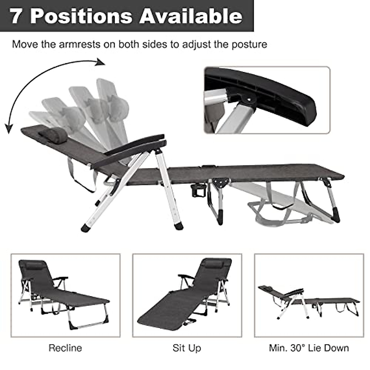 Goplus Chaise Lounge Chair, Folding Outdoor Patio Lounger with Cup Holder & Detachable Headrest, Comfortable for Garden Beach Pool Sunbathing, 7-Position Adjustable (1, Grey)