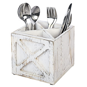 MyGift Whitewashed Solid Wood Kitchen Utensil Holder Crock Countertop Storage Organizer with 4 Compartments, Rustic Farmhouse Flatware Silverware Buffet Caddy