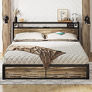 LIKIMIO Queen Bed Frame with Storage Drawer, 2-Tier Storage Headboard with Charging Station, No Box Spring Needed, Easy Assembly, Rustic Brown