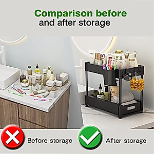 Under Sink Organizers and Storage 2 Pack, ZOMILB Bathroom Organizer 2-Tier Sliding Kitchen Cabinet Organization with Hook, Hanging Cup, Multi-purpose Under Sink Shelf Organizer for Home Storage, Black