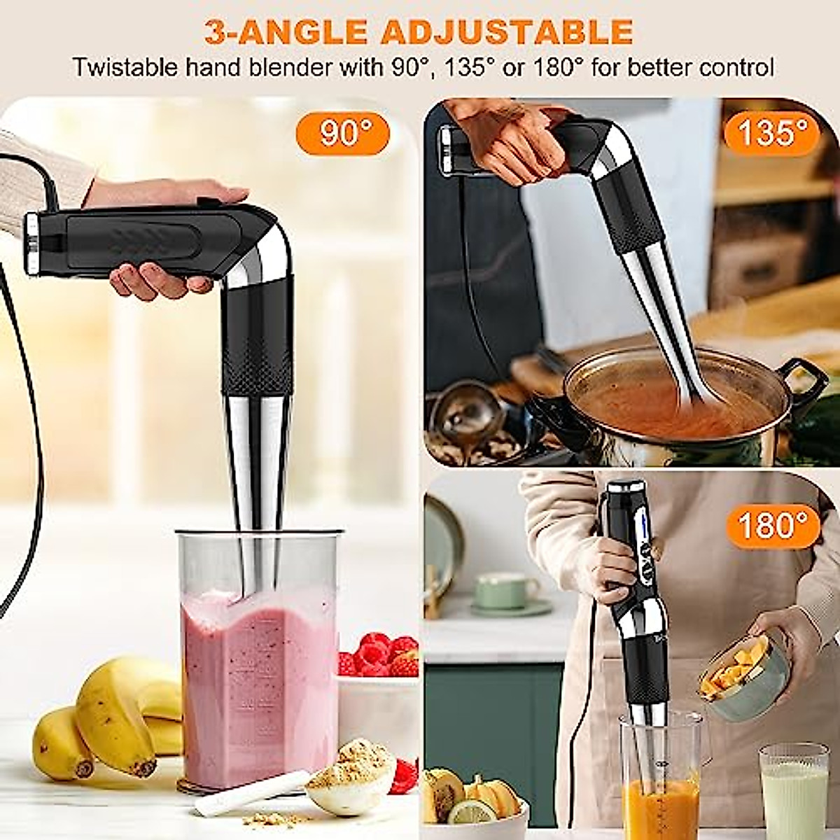 Immersion Hand Blender: 3-Angle Adjustable with Variable 21-Speed Control, Powerful Hand Blender Electric for Milkshakes | Smoothies | Soup| Puree | Baby Food (Black)