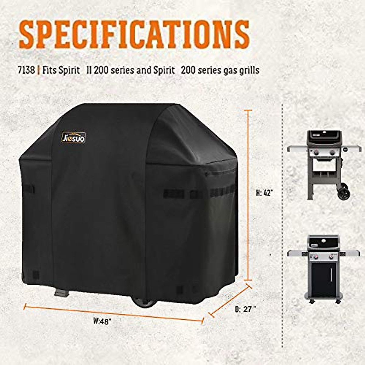 Jiesuo 48 Inch Grill Cover for Weber Spirit and Spirit II 210: Heavy Duty Waterproof 48 Inch 2 Burner Weather Resistant Ripstop Outdoor Barbeque Grill Covers