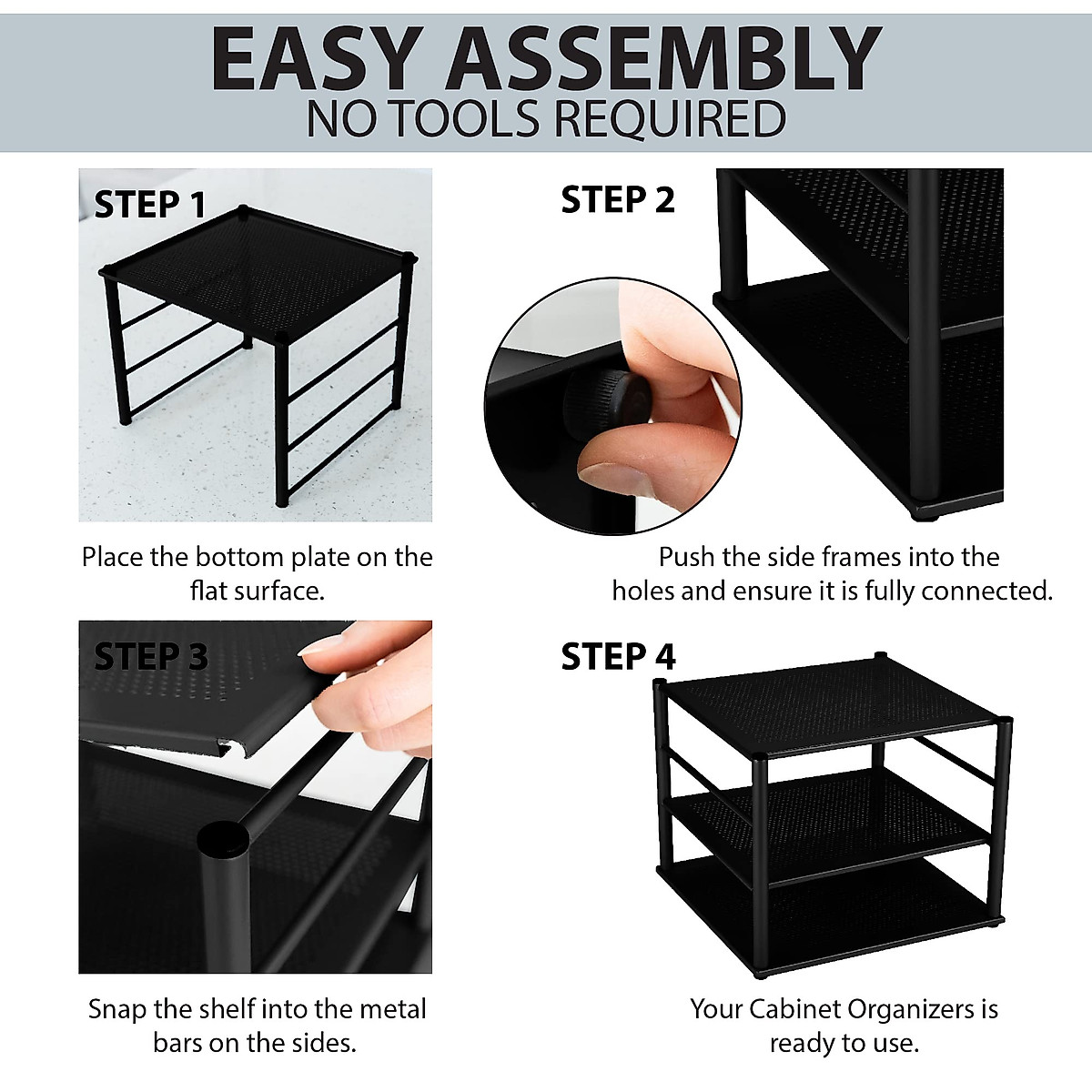 Kitchen Cabinet Organizer – Full Metal 3-Tier Black Pantry Organizer with Adjustable Shelves – Kitchen Foil and Plastic Wrap Organizer for RV, Camper, Home Organization and Storage – 12 x 11.25 inch