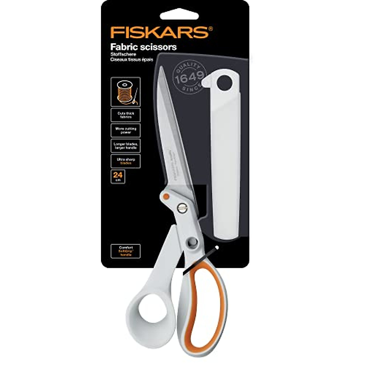 Fiskars Razor Edge All Purpose Scissors, Length: 24 cm, Stainless Steel Blade/Plastic Handles, White/Orange, Amplify, 1005225