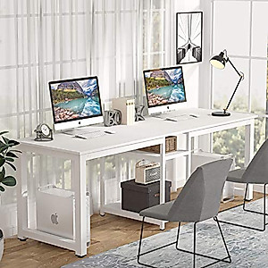 LITTLE TREE 78 Inch 2 Person Desk with Storage, Long Desk for 2 People, Extra Large Double Gaming Desk, White Two Computer Workstation Desk for Home Office