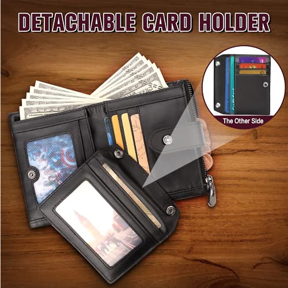 TEUEN Large Capacity RFID Blocking Genuine Leather Wallet for Men 11 Card Slots 2 ID Windows Snap Button Bifold Wallets