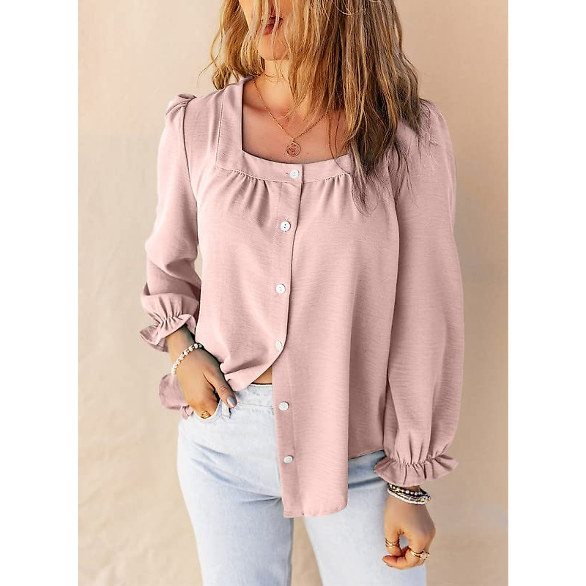 Dokotoo Womens Ladies Elegant Bell Long Sleeve Summer Fall Tops Square Neck Button Down Chiffon Office Work Shirts and Blouses for Women Fashion 2023 Casual Loose Shirts Pink Medium