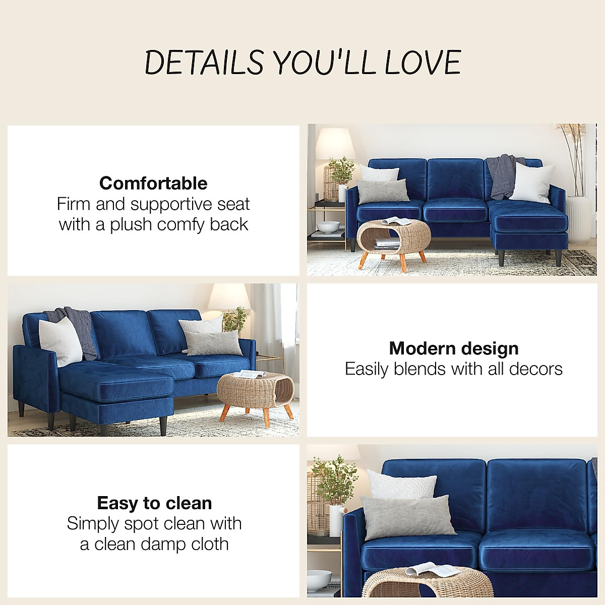 Mr. Kate Winston Reversible Sofa Sectional, Blue Velvet