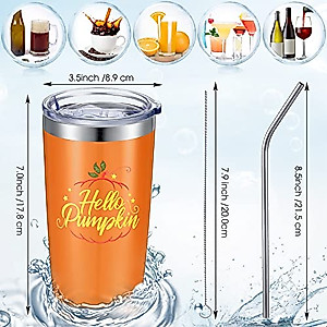 Hello Pumpkin Mug Travel Tumbler, Novelty Pumpkin Mug for Halloween Thanksgiving Harvest Festival, Cute Autumn Kitchen Decor, 20 oz Vacuum Insulated Mug Tumbler with Straw Lid and Brush