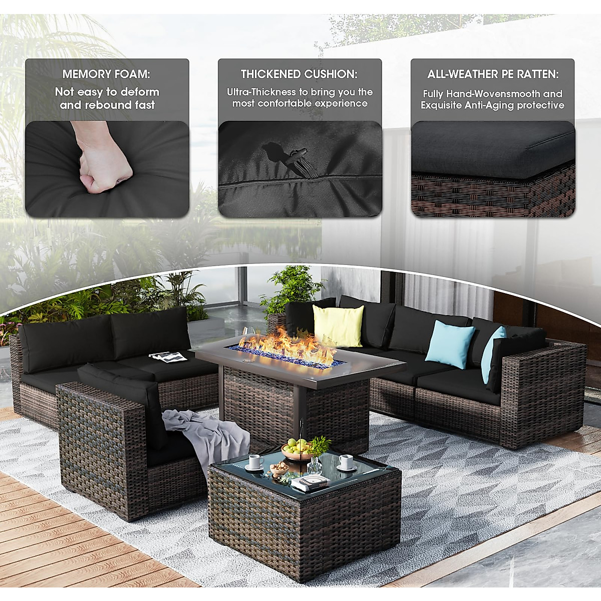 GREZJXC 3 Pieces Outdoor Sectional Patio Furniture Set with Fire Pit Table PE Rattan Wicker Patio Sectional Conversation Set with Cushions Black