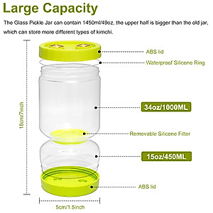 Glass Pickle Jar with Strainer Flip and Brush - 49oz Wide Mouth Hourglass Pickle Container for Wet and Dry Pickle Juice, Pickle Jar with 2 Leak Proof Airtight Lids, Time Recorder Jar, PicFood Storage