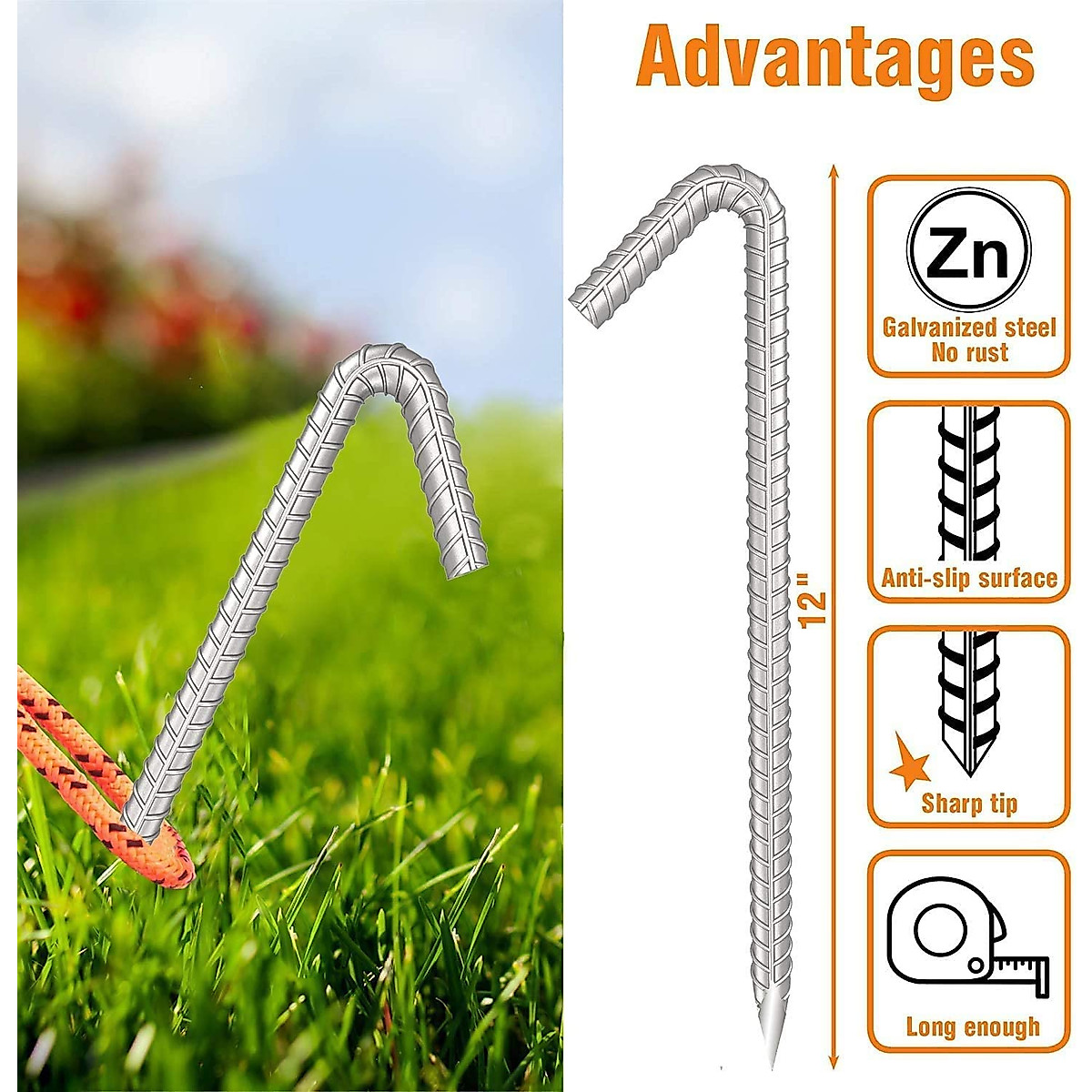4 Pack Heavy Duty Tent Pegs 12 inch Galvanized Strong Tent Stakes Sharp Tent Pegs Steel Stakes for Outdoor Camping Mountains and Garden Wedding and Christmas Decorations Canopy and Tarp Sand Ground