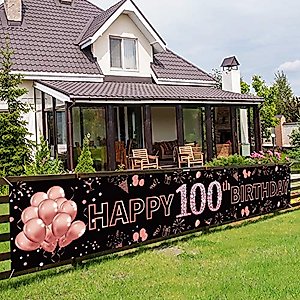 Pimvimcim Happy 100th Birthday Banner Decorations, Large 100th Birthday Party Sign, Rose Gold 100th Birthday Party Supplies for Women, 100 Years Old Birthday Photo Booth Backdrop (9.8x1.6ft)