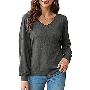 FMEYOA Womens V-Neck Sweatshirts without Hood Long Sleeve Lightweight Loose Fall Basic Shirts Tops(Dark Grey,Large)