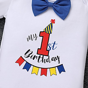 1st First Birthday Outfit Baby Boy Cake Smash One Year Old Party Newborn Toddler Bow Tie Short Sleeve Romper Shorts Pants Y-back Suspenders 3PCS Clothes Set Photo Shoot Royal Blue+Red 12-18 Months
