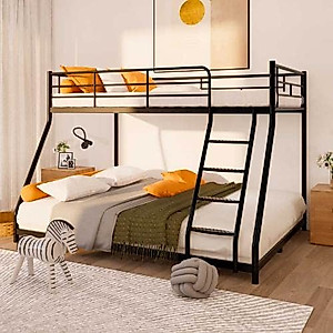 Metal Floor Bunk Bed, Bunk Beds Twin Over Full Size, Heavy Duty Bed Frame w/Sloping Ladder and Safety Guardrails for Boys Girls Teens Adults, No Box Spring Needed (Black)