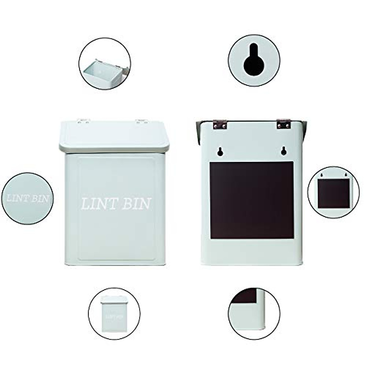 Farmhouse Metal Magnetic Lint Bin with Lid and Wall Mount for Space Saving and Lint Storage On Dryer, Washer and Laundry
