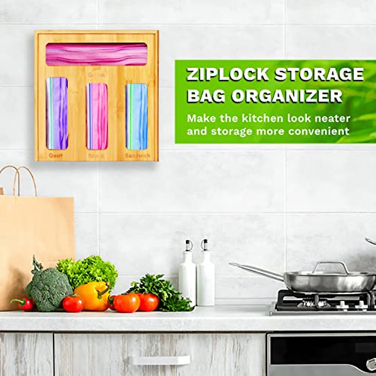 TrueBest Ziplock Bag Organizer for Kitchen Drawer - Food Bag Storage Ziplock Organizer- Sliding Lid for Easy Refill-Natural Bamboo Kitchen Zip Lock Bag Organizer for Gallon, Quart, Sandwich, Snack Bags - Plastic Bag and Baggie Dispenser Holder (Bamboo)