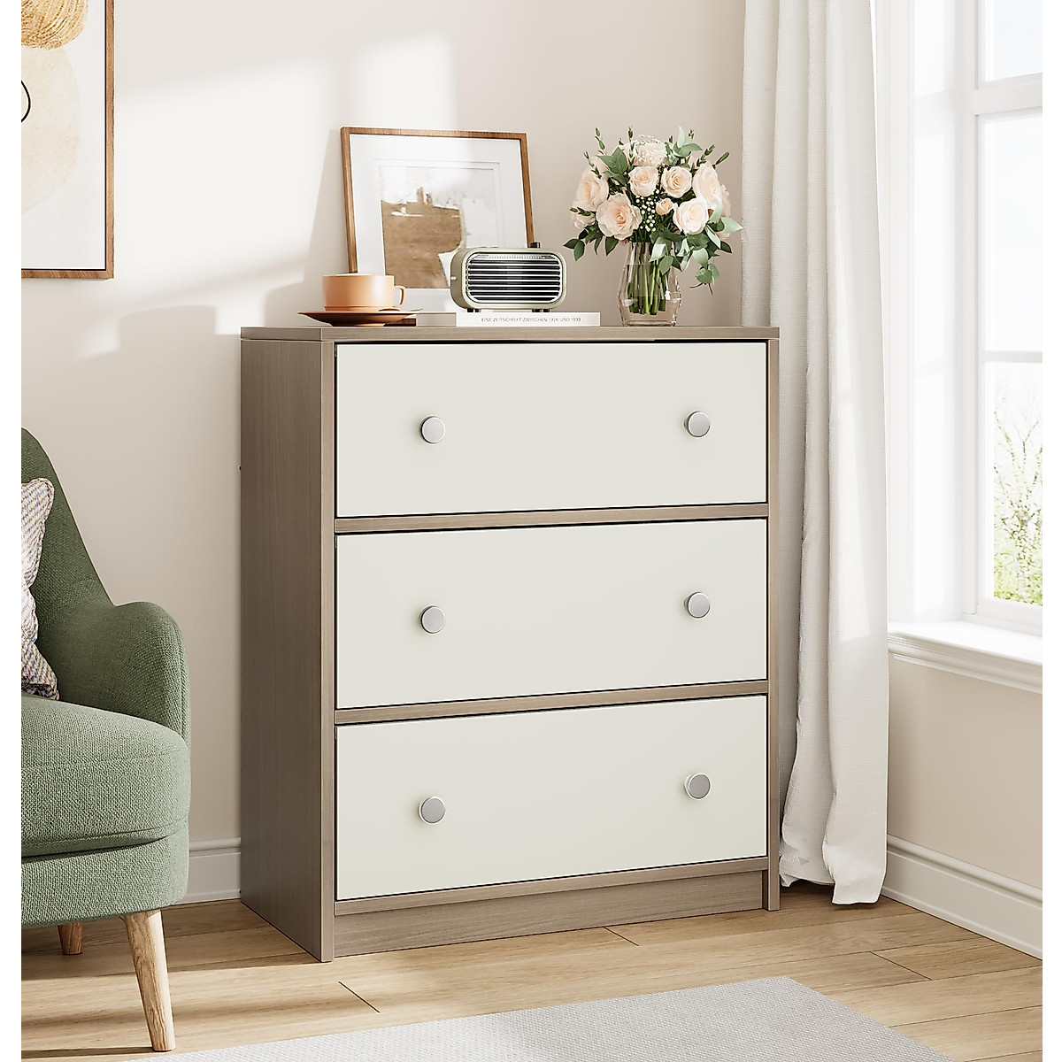 Nicehill 3 Drawer Dresser, Nightstand for Bedroom with Drawers, Small Dresser Bedside Table Chest of Drawers for Bedroom, Hallway, Entryway, Closets,Kids' Room(Light Wood Grain and White)